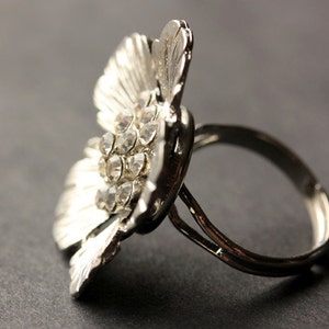 Rhinestone Flower Ring. Silver Rhinestone Ring. Cocktail Ring. Silver ...