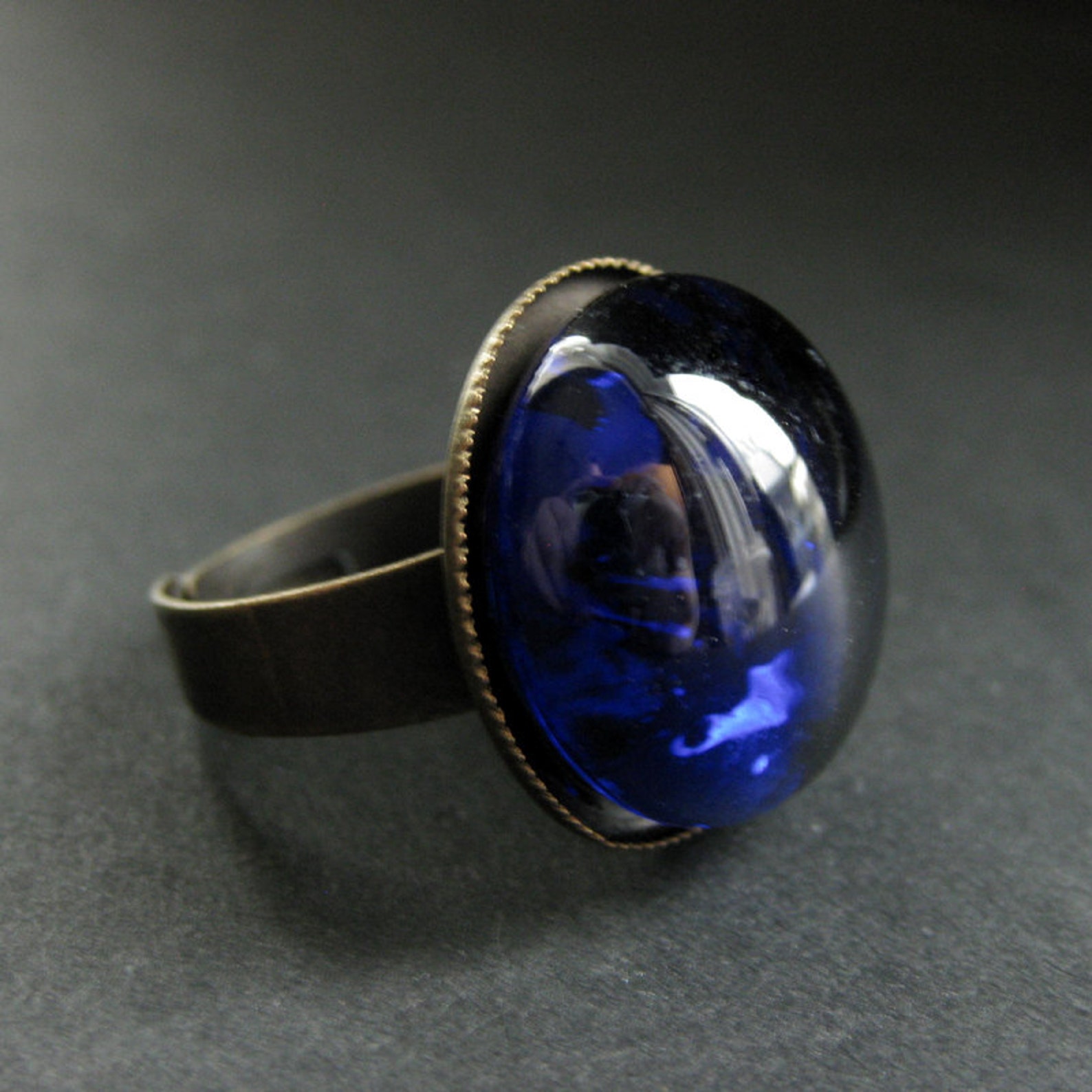 Cobalt Blue Glass Ring in Bronze. Blue Ring. Bronze Adjustable Ring ...