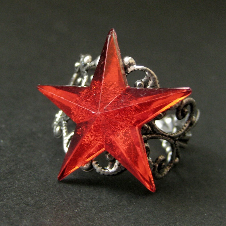 Star Ring. Red Ring. Red Star Ring. Silver Filigree Ring. Adjustable ...