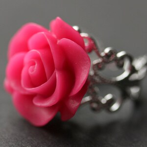 Hot Pink Rose Ring. Fuchsia Pink Flower Ring. Gold Ring. Silver Ring ...