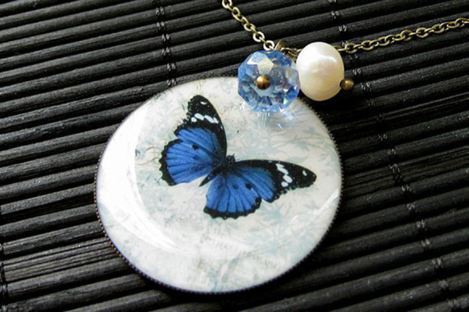 Morpho Butterfly Necklace in Bronze With Blue Crystal Charm and Fresh ...