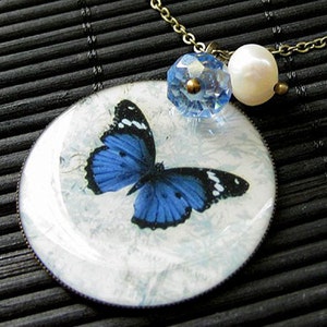 Morpho Butterfly Necklace in Bronze With Blue Crystal Charm and Fresh ...