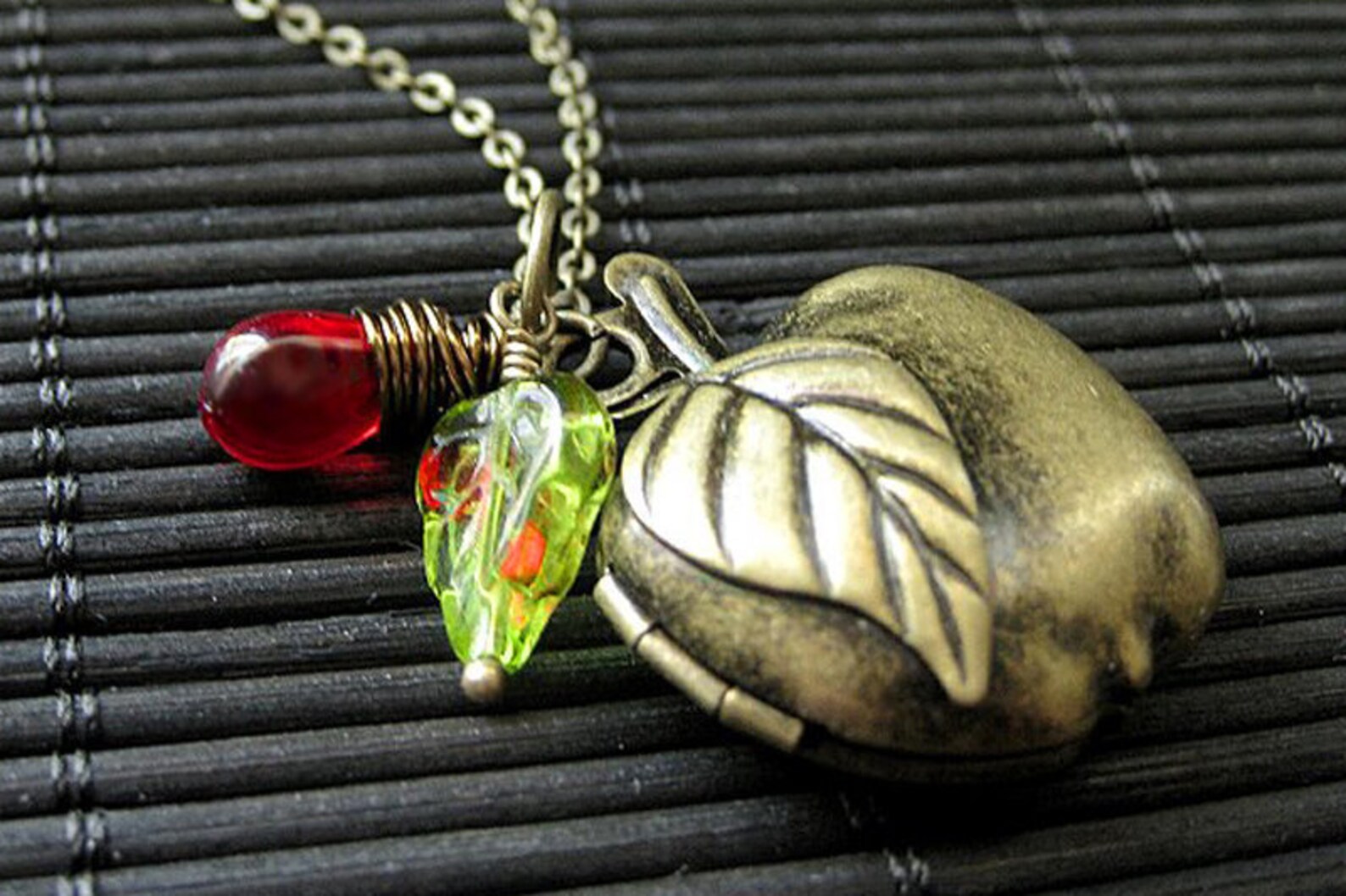 Apple Necklace Locket in Bronze With Wire Wrapped Red Charm - Etsy