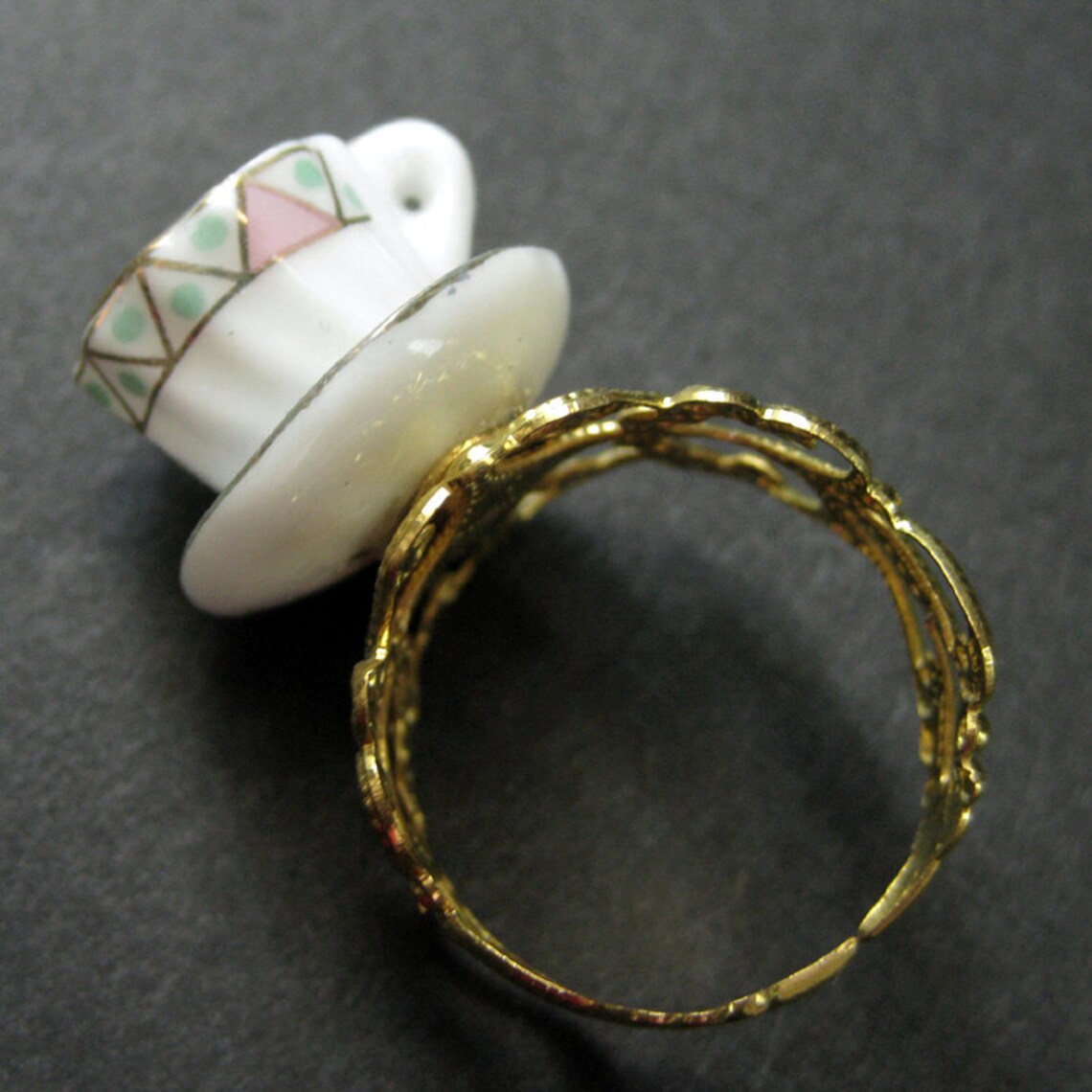 Porcelain Teacup Ring. Pastel Geometric Tea Cup Ring. Gold Filigree ...