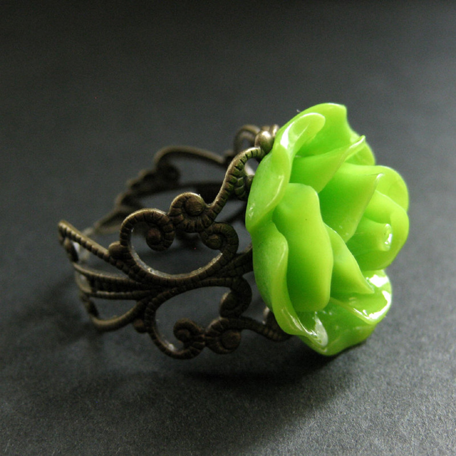 Apple Green Rose Ring. Green Flower Ring. Adjustable Ring. Filigree ...