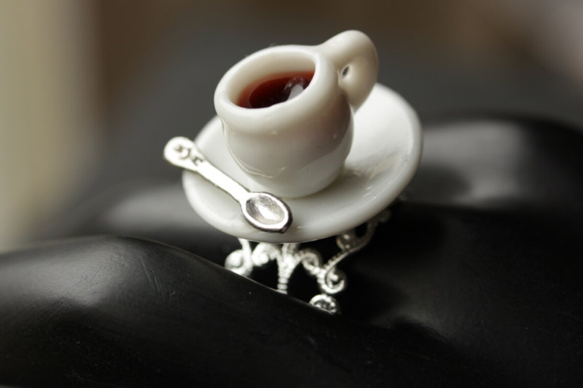 Coffee Cup Ring. Coffee Ring. White Teacup Ring With Coffee - Etsy