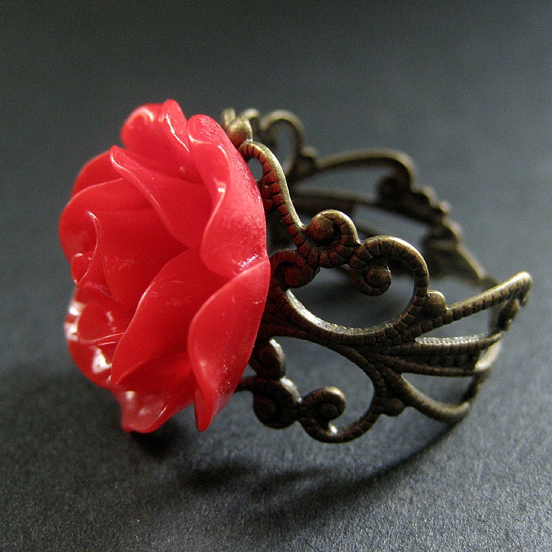 Red Rose Ring. Red Flower Ring. Filigree Adjustable Ring. | Etsy