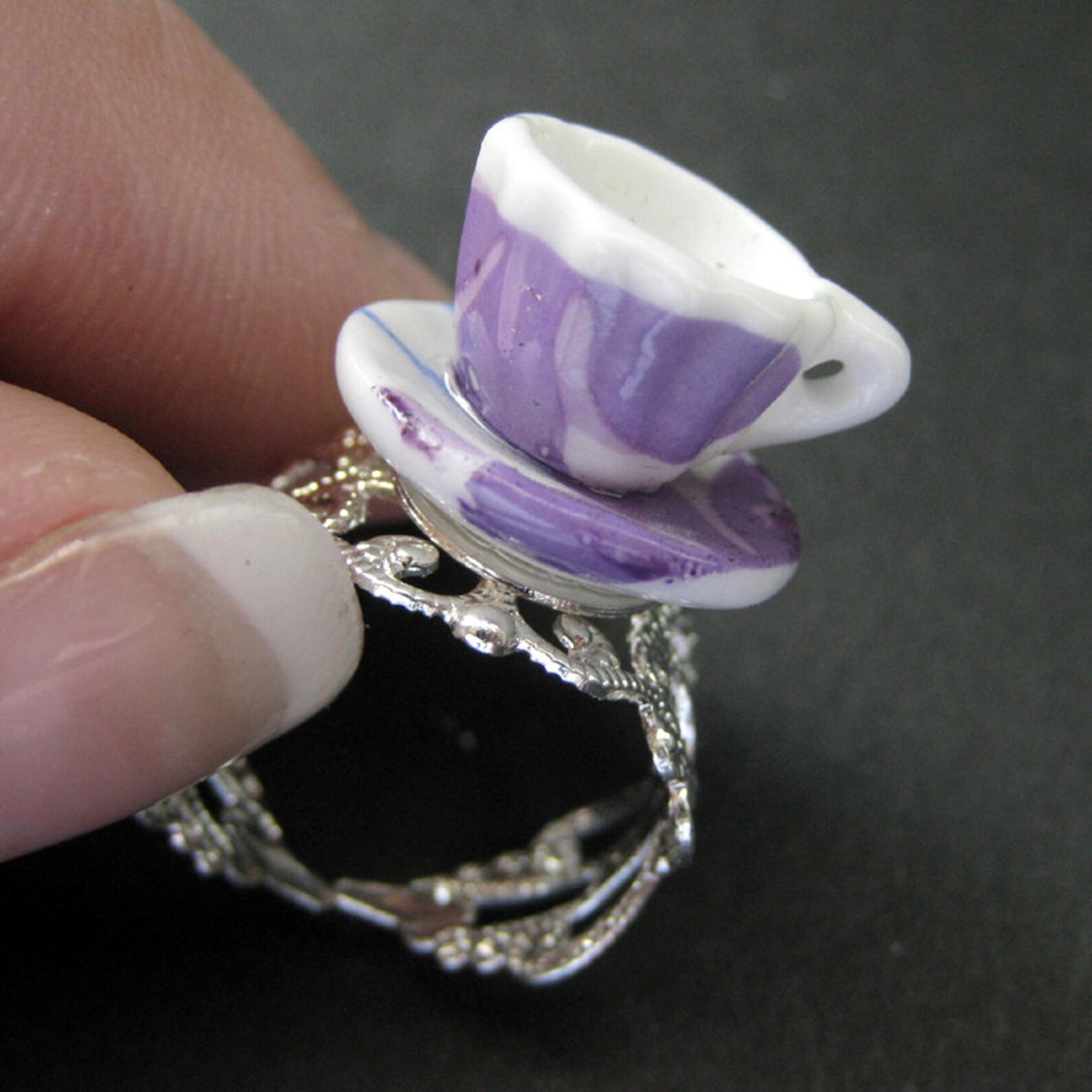 Teacup Ring. China Cup Ring With Purple Splat. Silver Filigree ...
