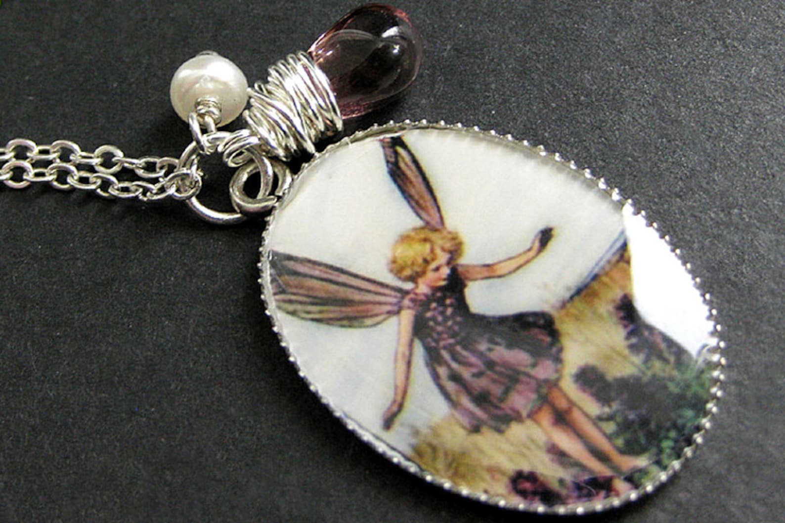 Purple Flower Fairy Necklace. Fairy Pendant With Purple Teardrop and ...