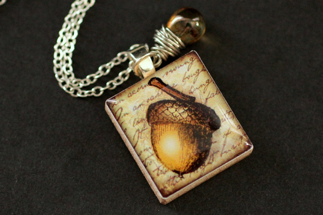 Acorn Necklace. Scrabble Tile Necklace. Acorn Charm Necklace With Brown ...