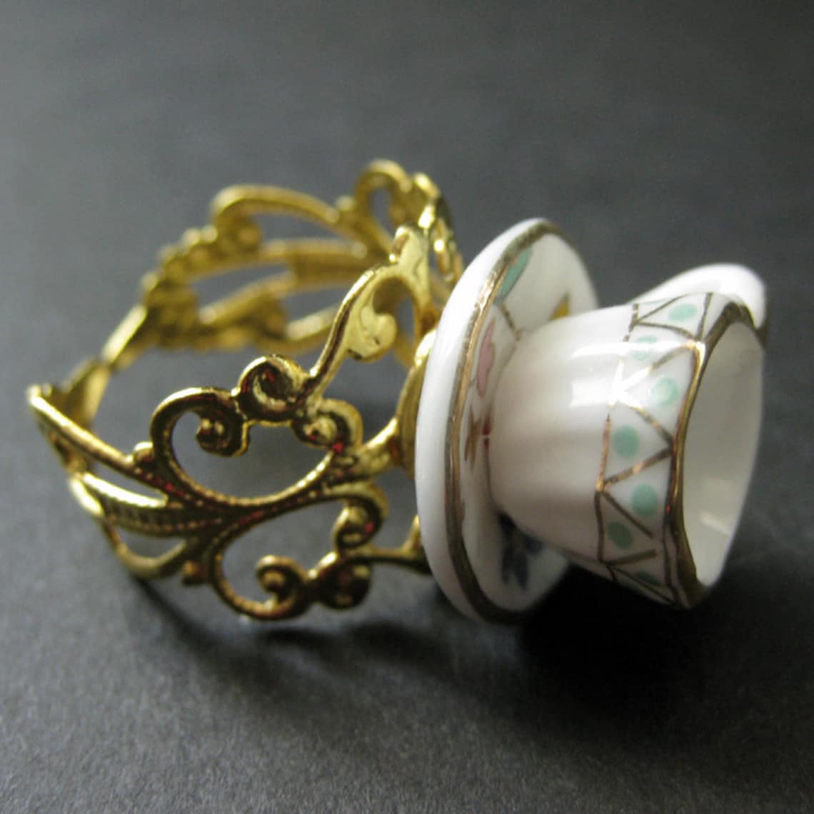 Porcelain Teacup Ring. Pastel Geometric Tea Cup Ring. Gold Filigree ...