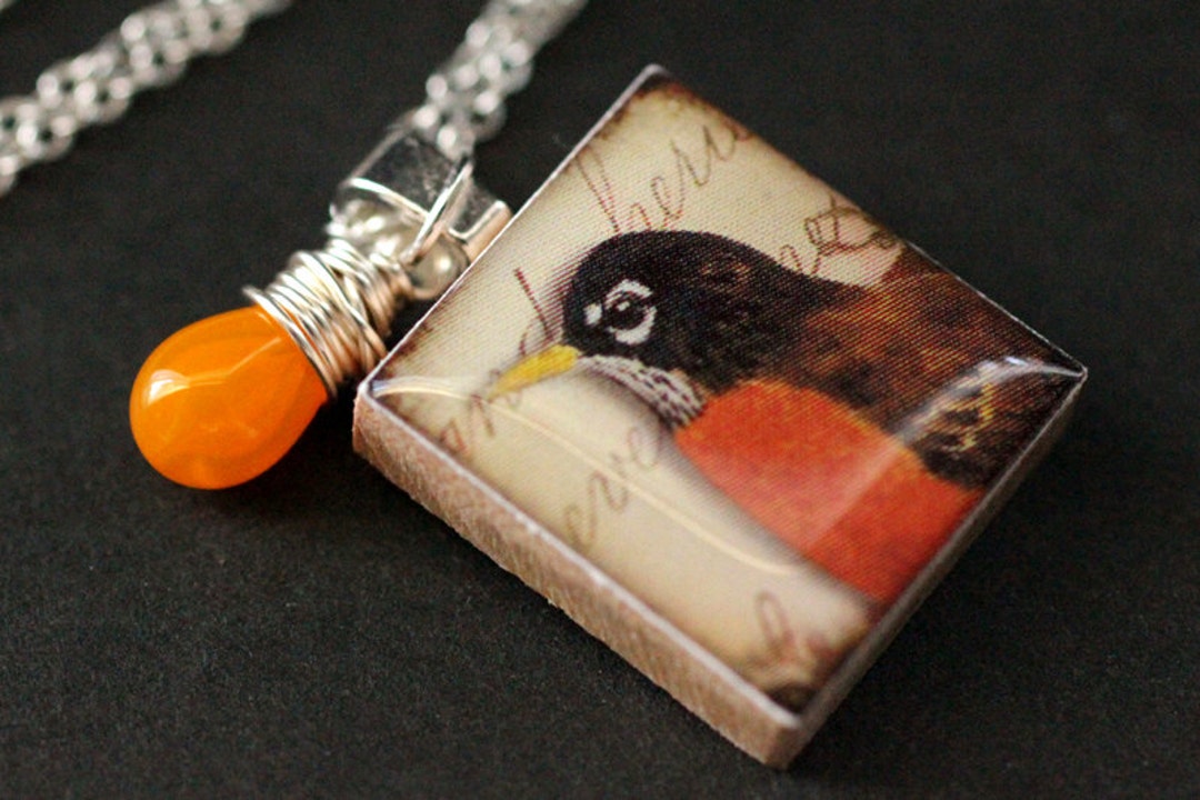 Bird Necklace. Robin Necklace. Scrabble Tile Necklace. Charm Necklace ...