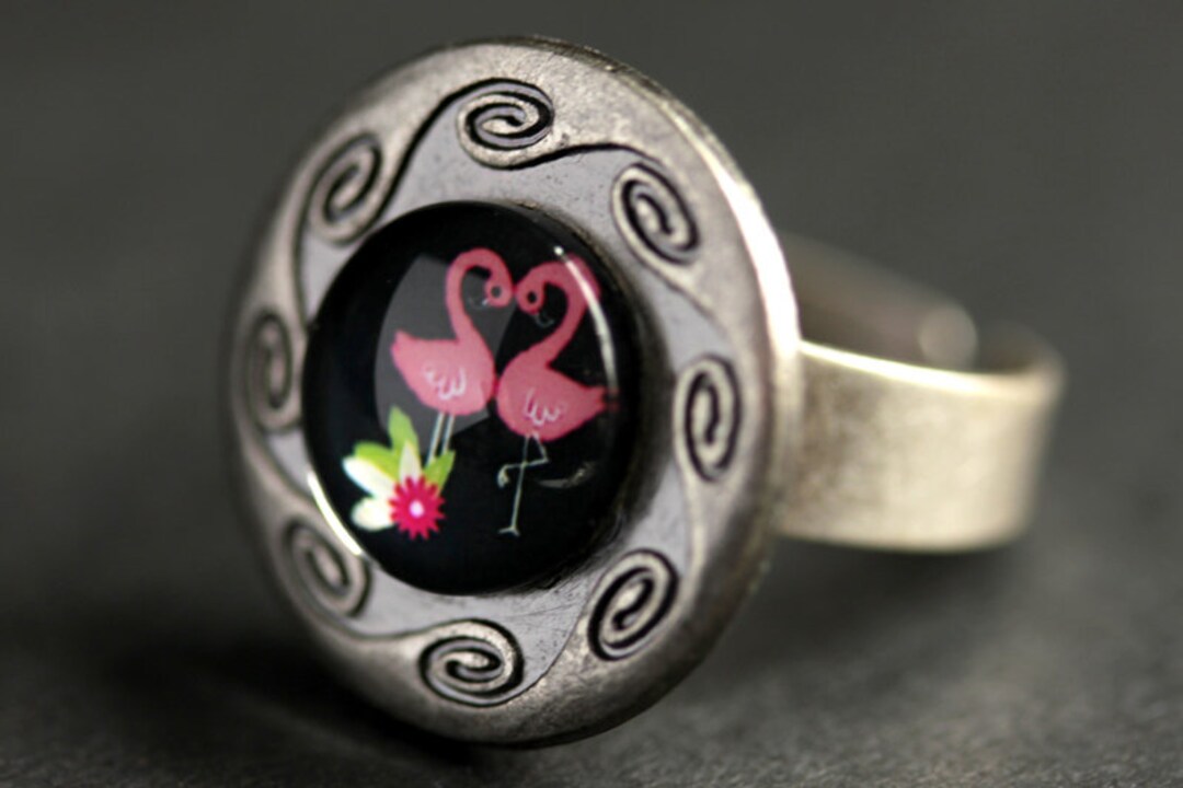 Pink Flamingos Ring. Pink Bird Ring. Button Ring. Adjustable Ring. Lawn ...