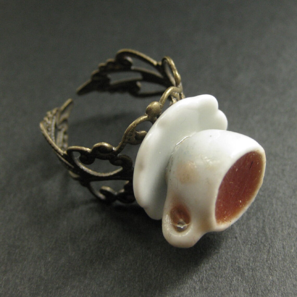Coffee Cup Ring. Diner Coffee. White Teacup Ring With Resin Coffee Fill ...