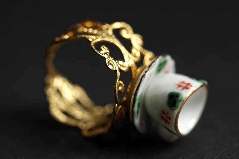Porcelain Teacup Ring. Green and Red Tea Cup Ring. Gold Ring. Miniature ...