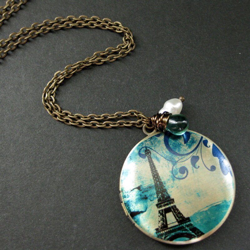 Teal Paris Locket Necklace. Eiffel Tower Necklace. Paris - Etsy
