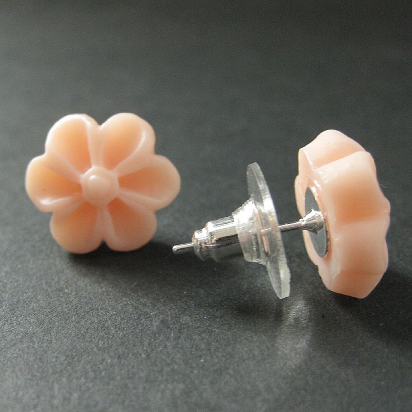 Soft Peach Flower Earrings With Silver Earring Posts. Outie Button ...