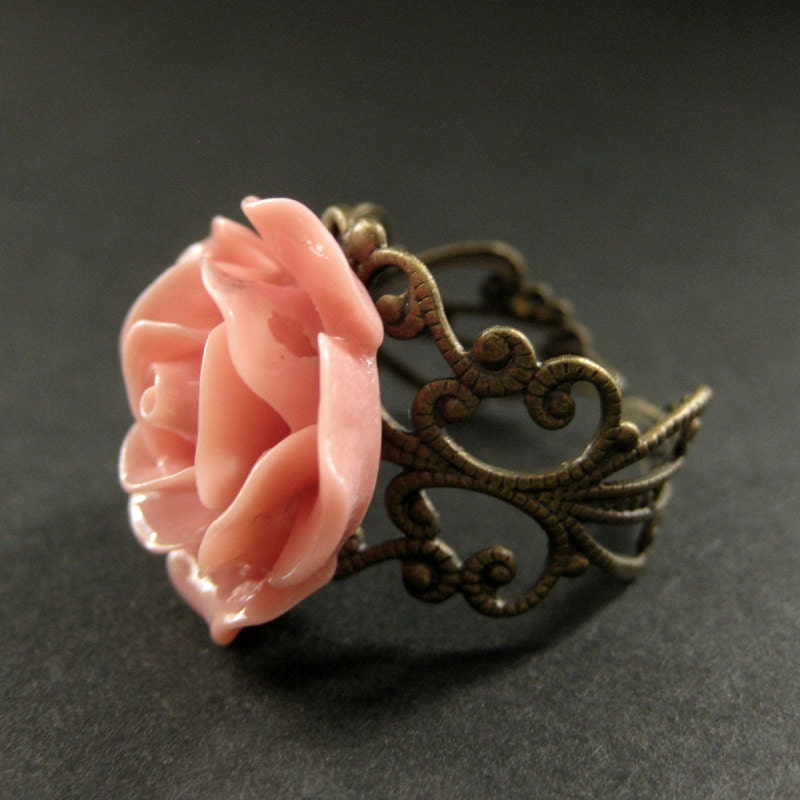 Antique Pink Rose Ring. Pink Flower Ring. Filigree Ring. Adjustable ...