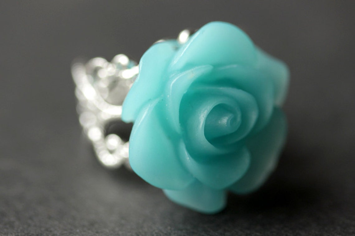 Aqua Blue Rose Ring. Caribbean Blue Flower Ring. Gold Ring. Silver Ring ...
