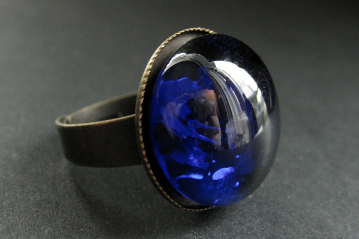 Cobalt Blue Glass Ring in Bronze. Blue Ring. Bronze Adjustable Ring ...