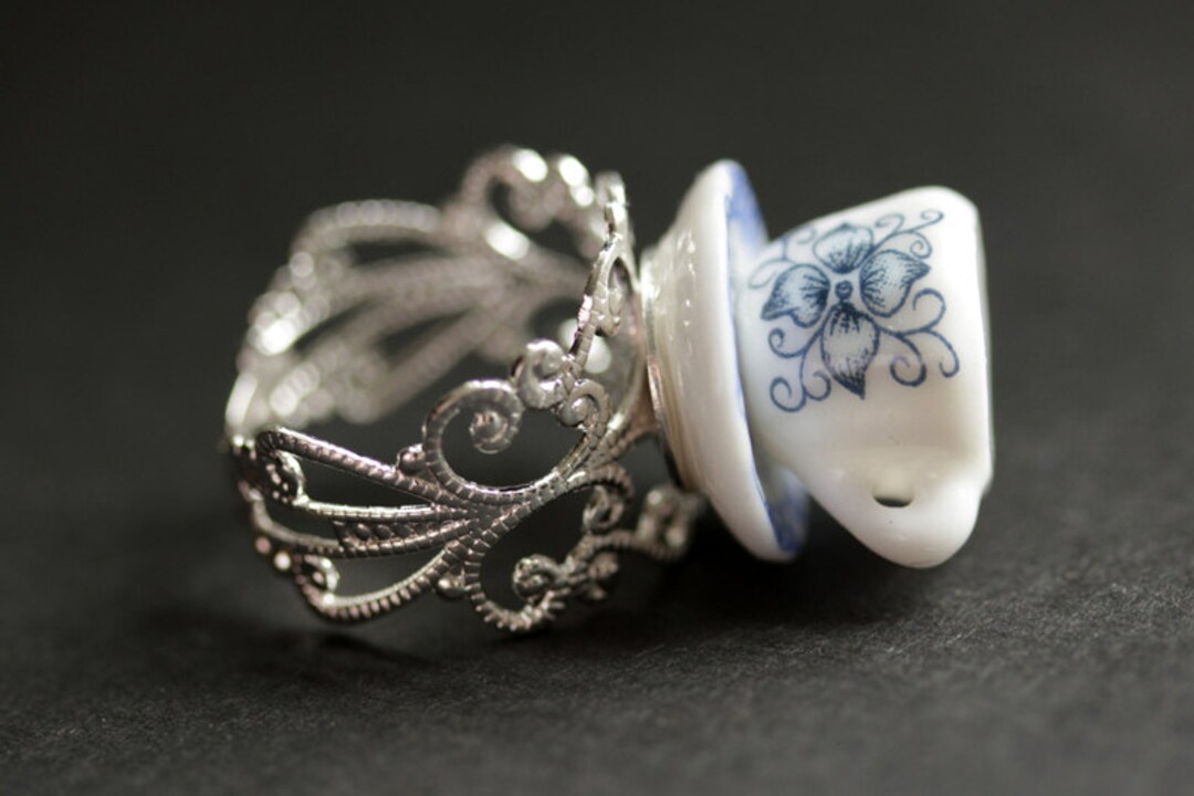 White China Teacup Ring With Blue Flowers. Miniature Tea Cup Ring. Blue ...