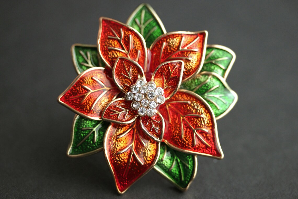 Large Poinsettia Flower Ring. Christmas Ring. Enameled Poinsettia Ring ...