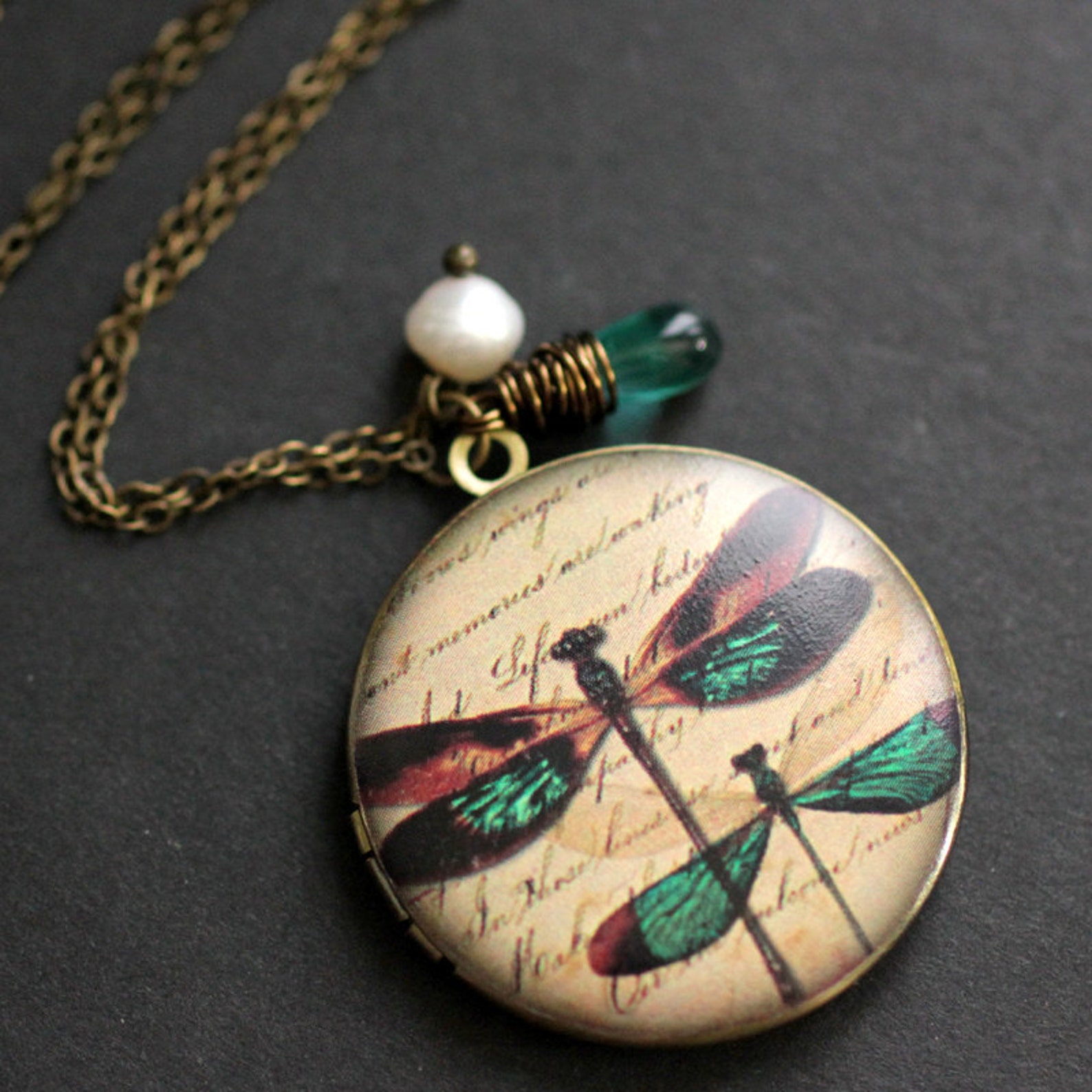Teal Dragonfly Locket Necklace. Dragonfly Necklace With Teal Teardrop ...