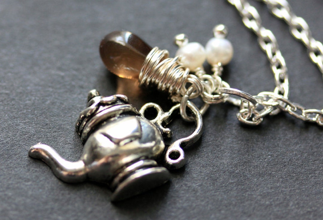 Teapot Charm Necklace. Silver Tea Pot Necklace With Glass Teardrop and ...