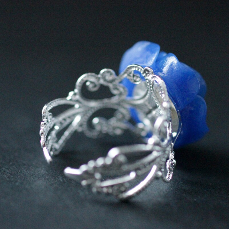 Cobalt Blue Rose Ring. Blue Flower Ring. Filigree Adjustable - Etsy