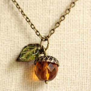 Autumn Orange Acorn Necklace. Acorn Pendant in Bronze. Crystal Acorn ...