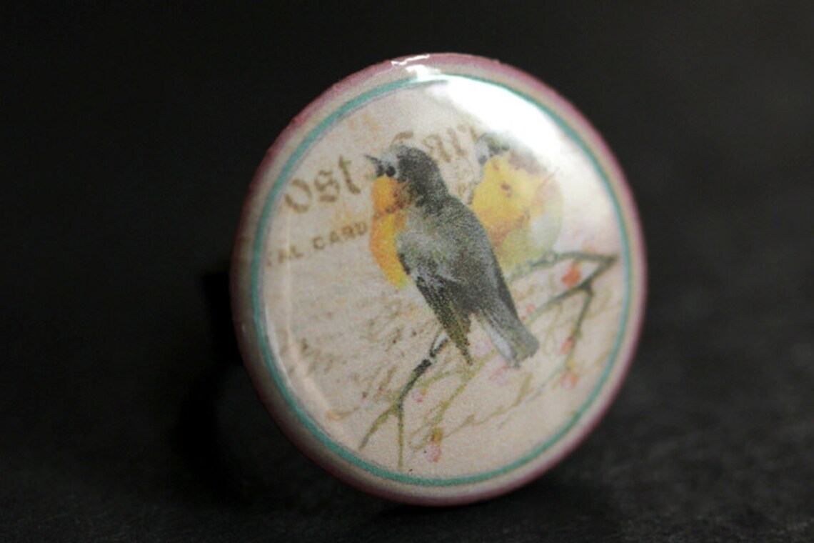 Yellow Bird Ring. Blue Bird Ring. Robin Ring. Graphic Button Ring ...