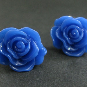 Royal Blue Rose Earrings in Silver Stud Earrings. Blue Flower Earrings ...