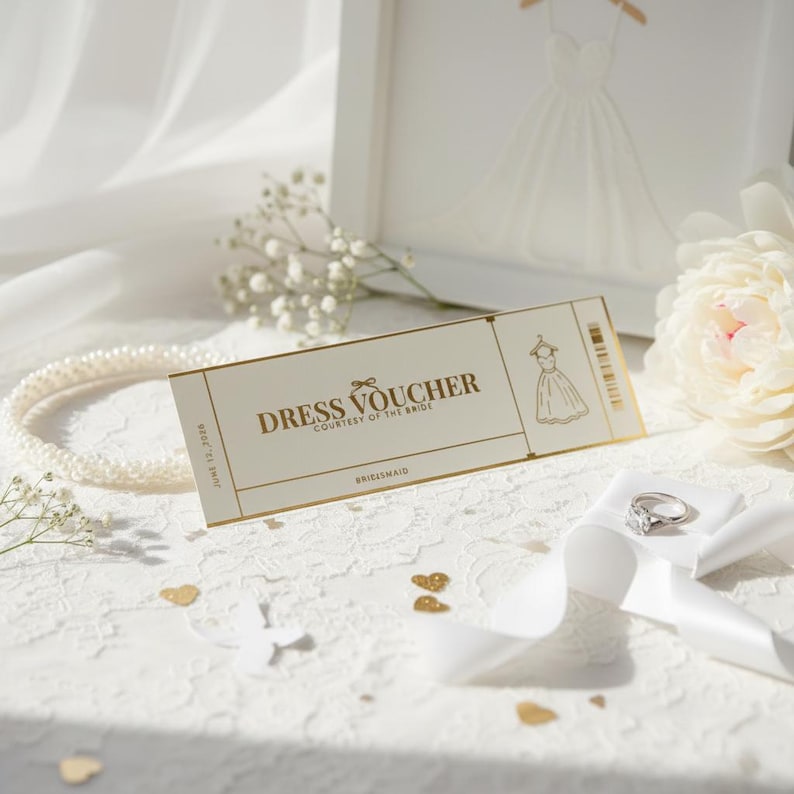 Bridesmaid Dress Voucher Card Design Gold Foil Wedding Stationery ...