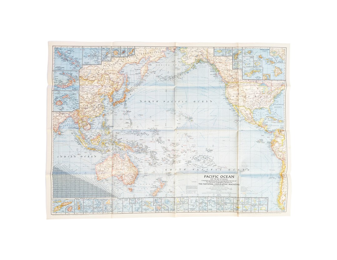 Vintage 1940s Pacific Ocean Map Poster Wall Art - Etsy