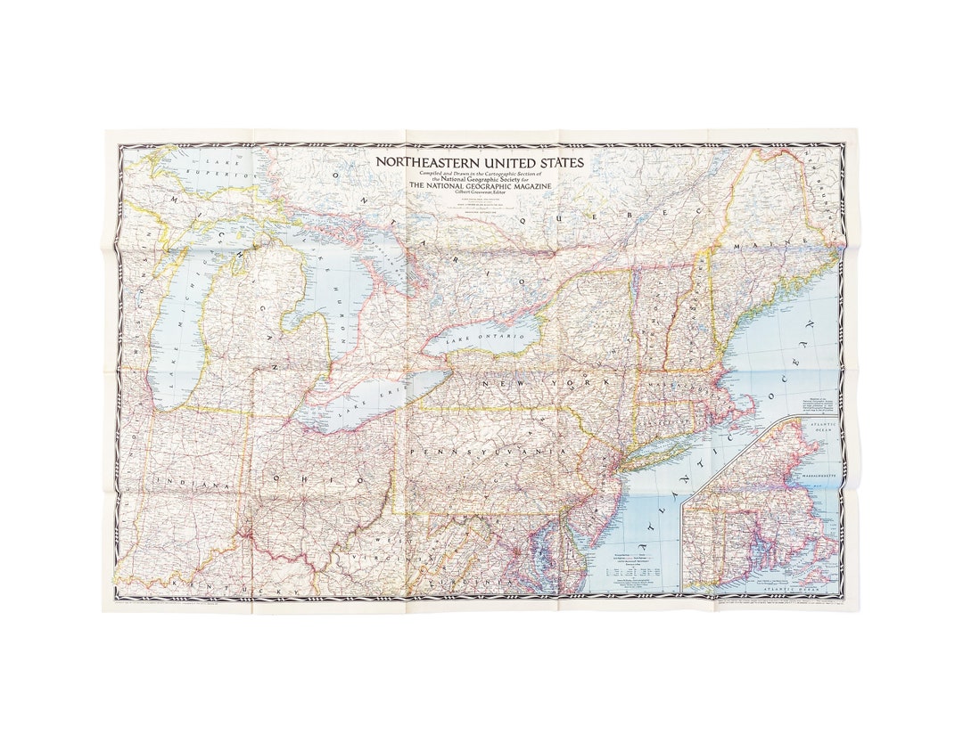 Vintage 1940s Northeastern United States Map / New England Map Poster ...