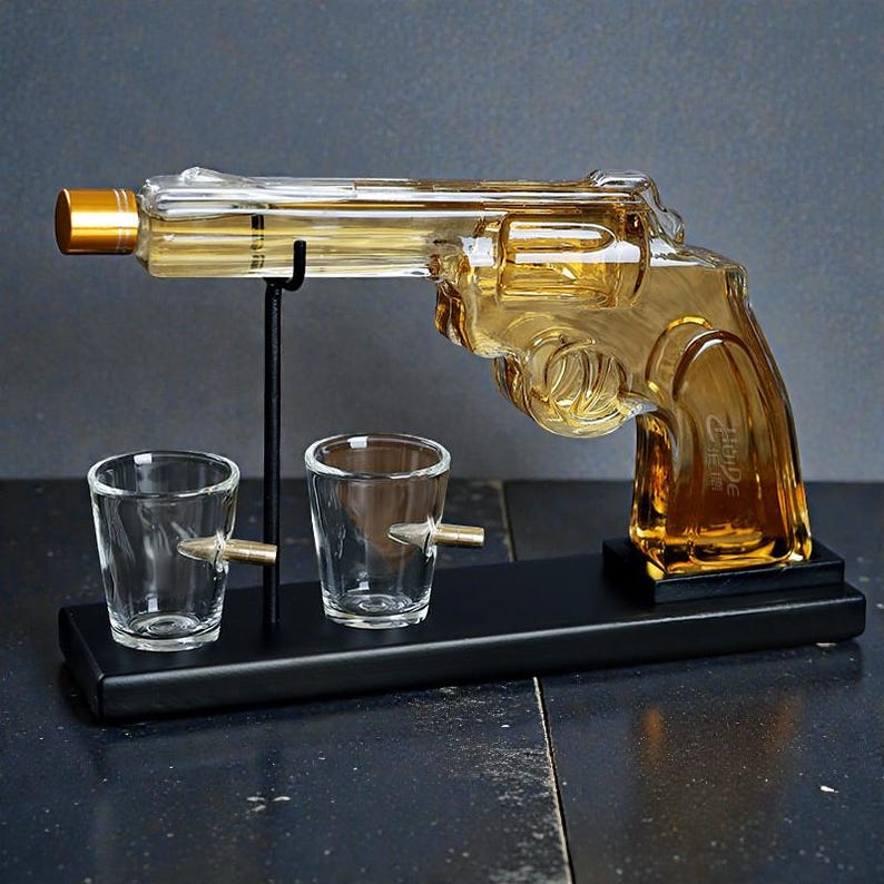 Glass Revolver Decanter Set: Novelty Whiskey Dispenser, Unique Barware ...