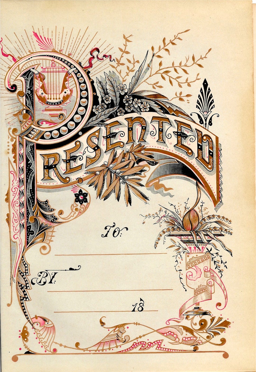 ANTIQUE PRESENTATION Page Ornate Colorful Vintage Art 1886 Presented to ...