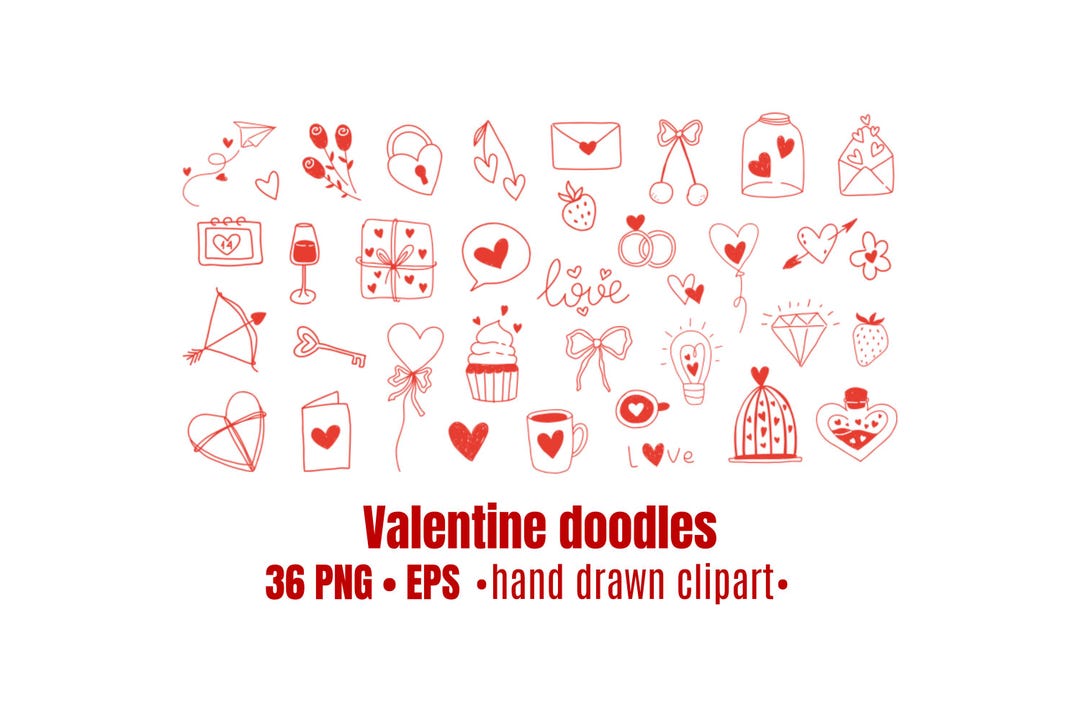 Hand Drawn Valentine Doodle Clipart, Line Art PNG Bundle (digital) - Etsy