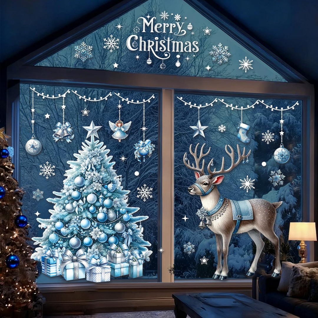 Large Christmas Window Stickers | 118 Pcs Blue Reusable Xmas Clings ...