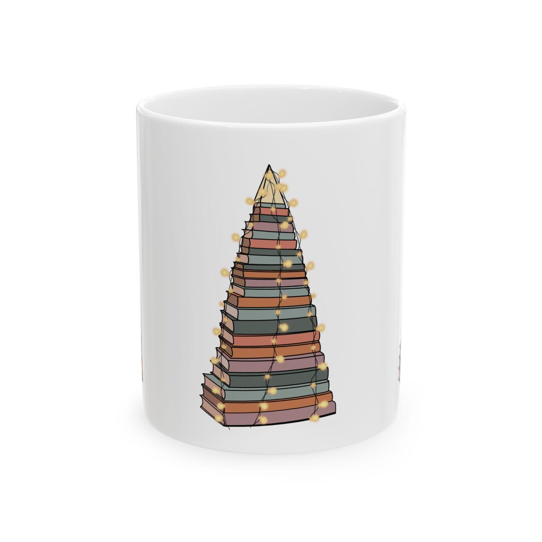 Stacked Book Tree Mug | Booklover Coffee Cup, Holiday Lights Stack - Etsy