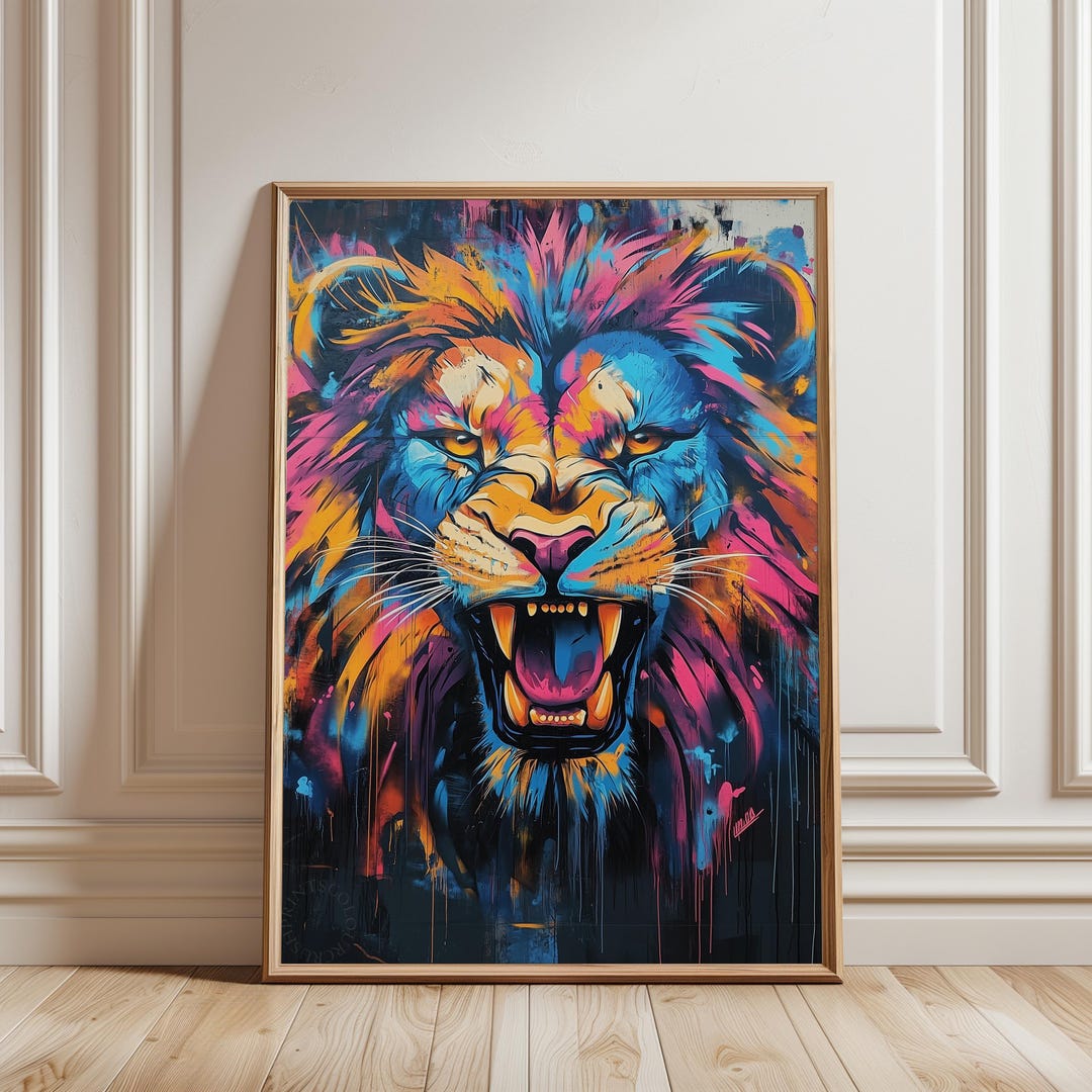 Bold Neon Lion Head Art - Printable Graffiti Wall Decor, Urban Lion ...