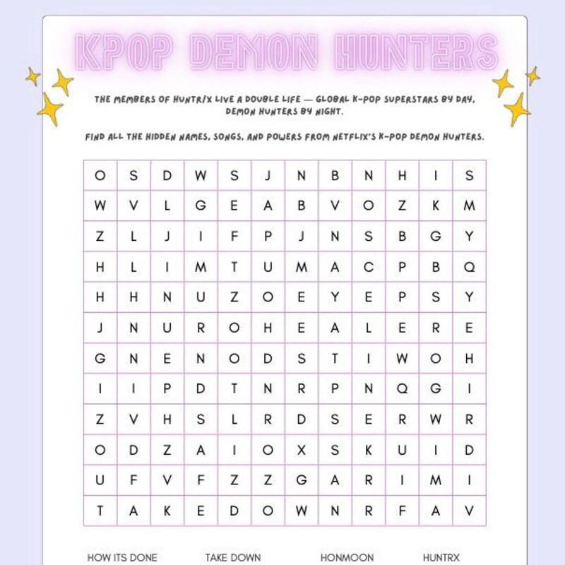 Kpop Demon Hunters Word Search - Etsy