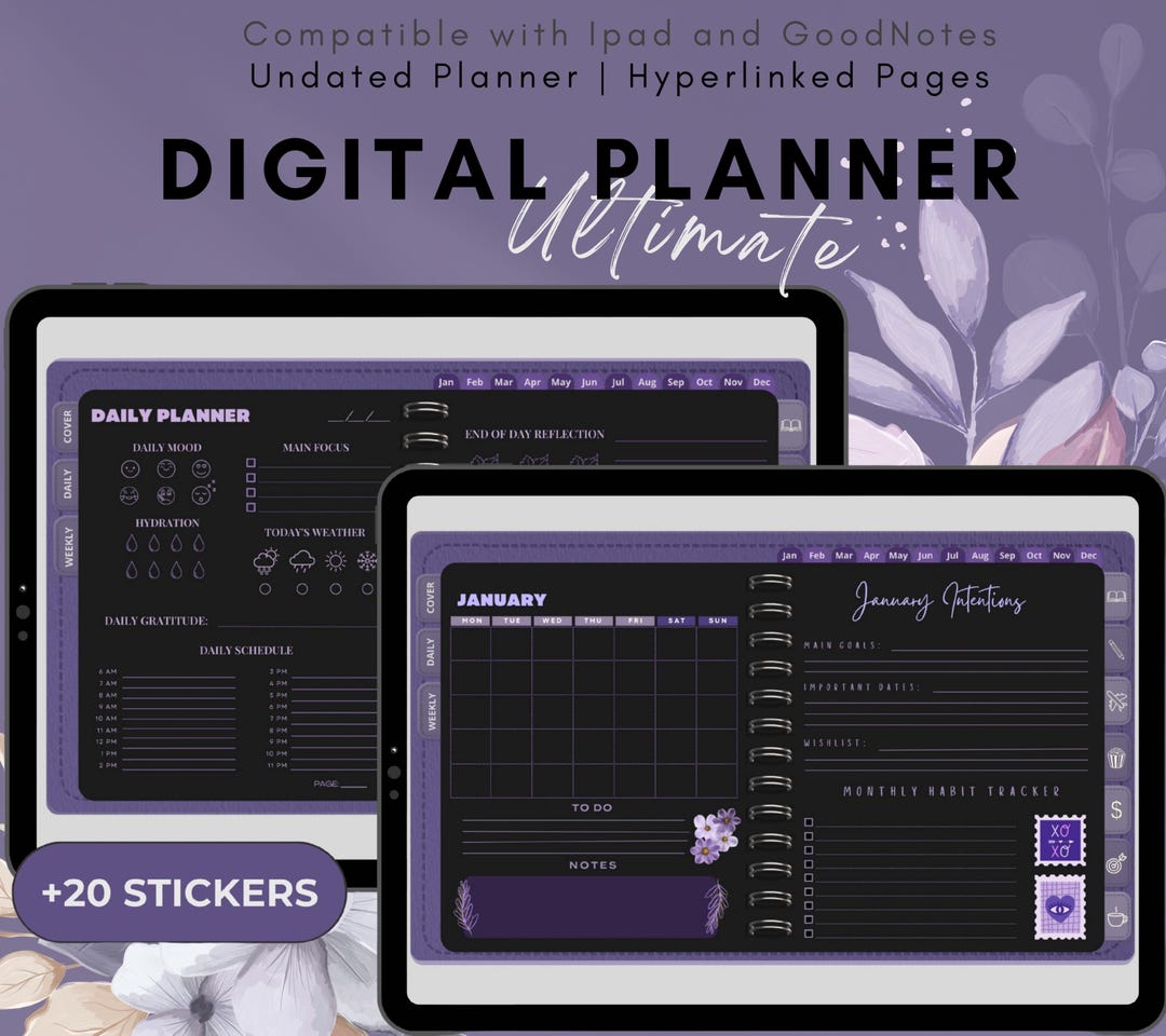 Dark Mode Digital Planner Purple, iPad Goodnotes Hyperlinked, Undated ...