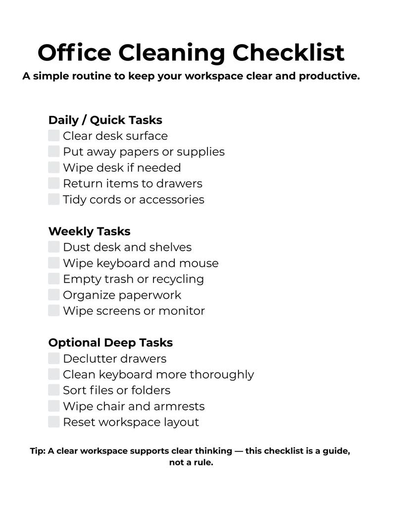 Office Cleaning Checklist Printable | Workspace Cleaning Routine | Home ...