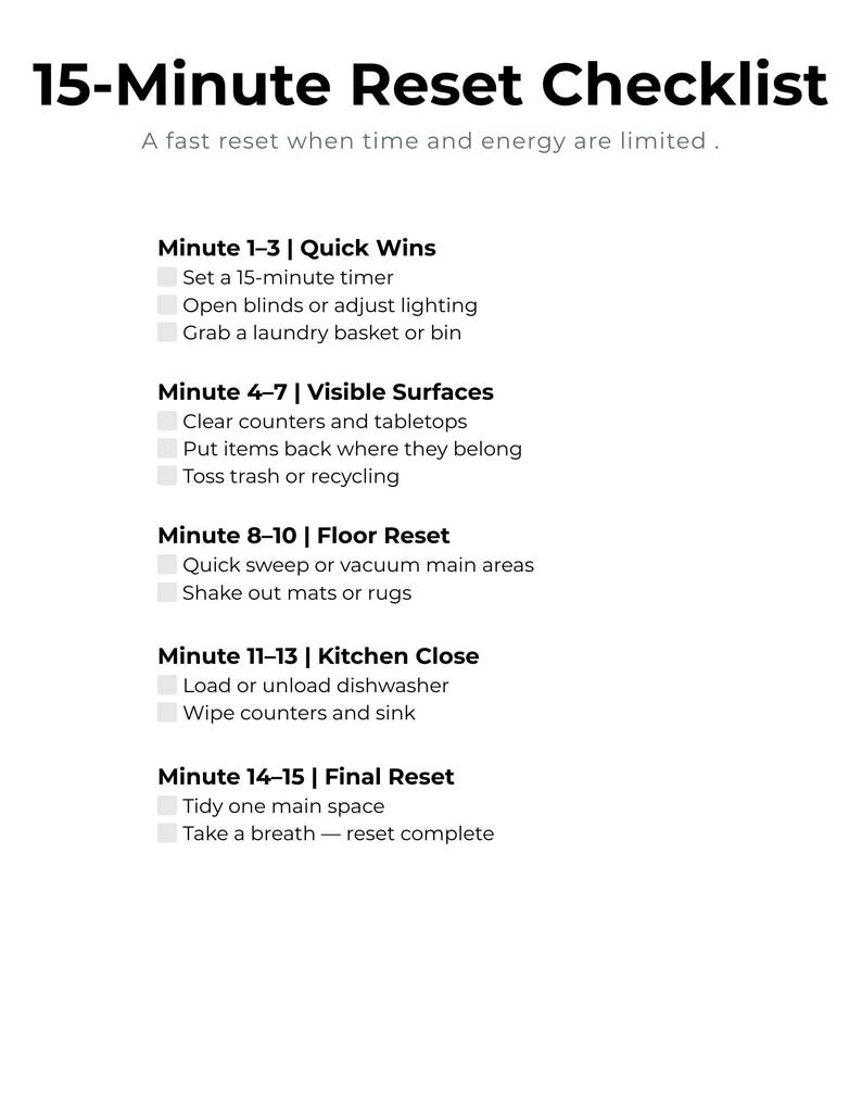 15 Minute Reset Checklist Printable | Quick Home Reset Routine | Fast ...