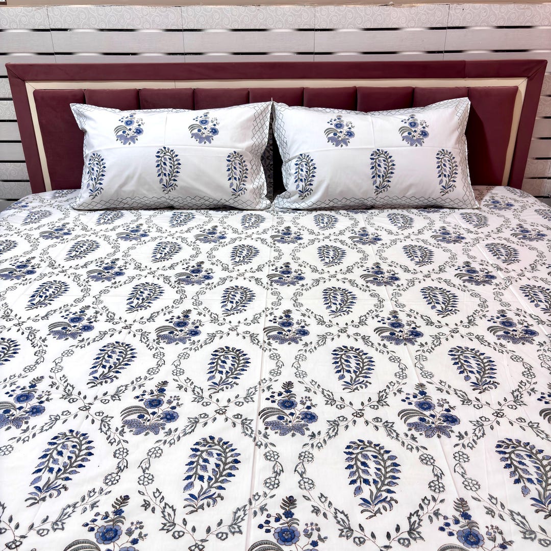 Blue Floral Hand Block Print Cotton Bedsheet Set, King Size Percale ...