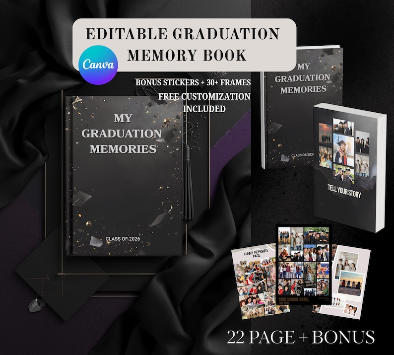Class of 2026 Graduation Memory Book Canva Template: Black Gold Journal ...