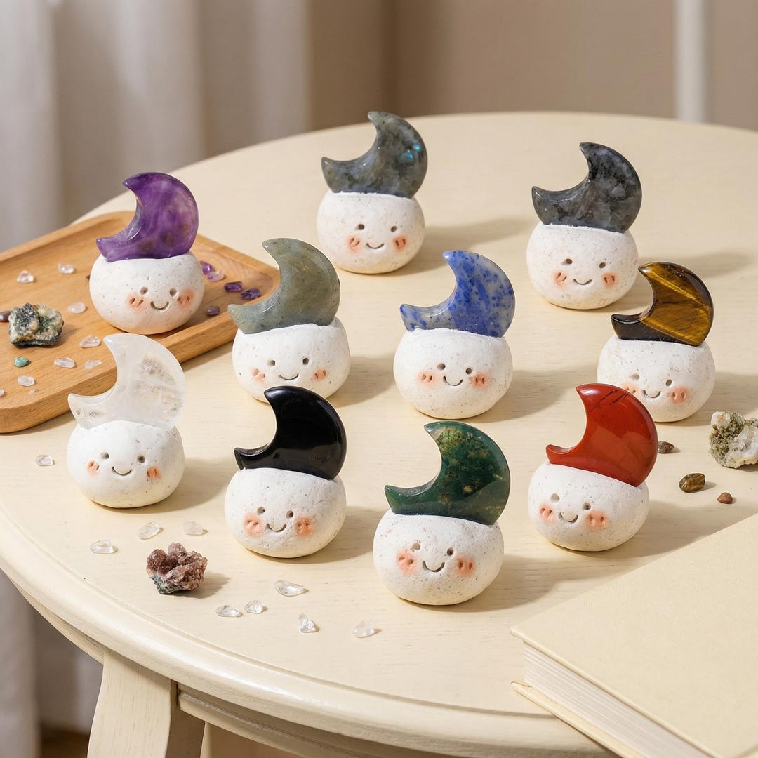 Smiling Moon Desk Pets – Natural Crystal Figurines for Desk Decor ...