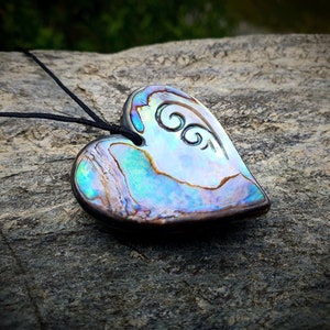 New Zealand Paua Shell Heart Pendant With Maori Koru Love Symbol ...