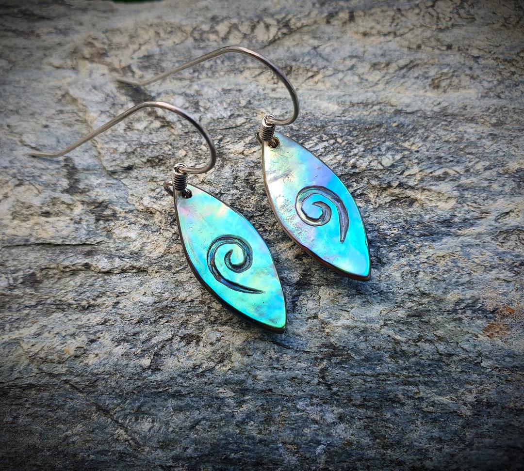 New Zealand Paua Shell & Sterling Silver Earrings~ Leaf Shape With Hand ...